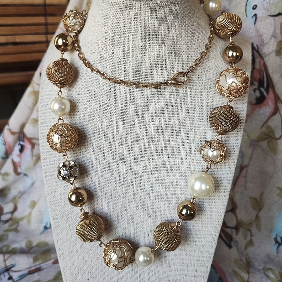 Unsigned | Jewelry | Vintage Long Faux Wire Wrapped Faux Pearls Hollow ...